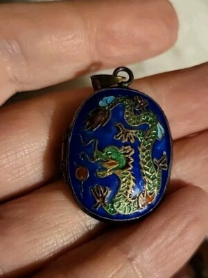 VTG Chinese Enamel Cloisonne Dragon Locket Pendant Blue Red Green ...