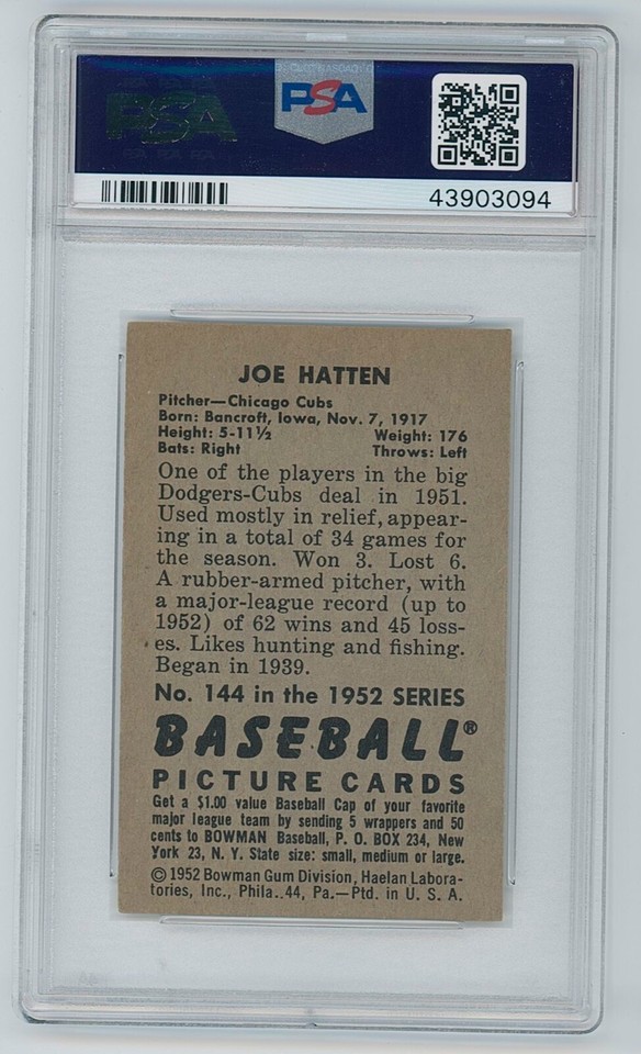 1952 BOWMAN Baseball - JOE HATTEN #144 Chicago Cubs - PSA 3 VG | eBay