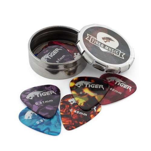 Tiger 12 Celluloid Guitar Picks & Pick Tin - Variety of Gauges ...