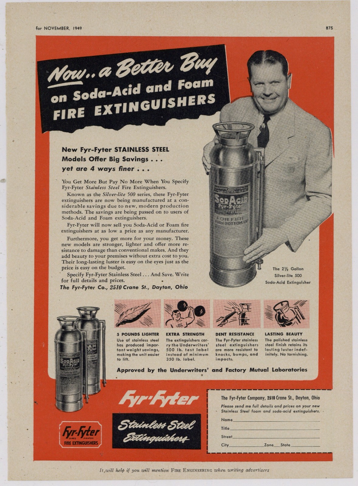 1949 Fyr Fyter Fire Extinguishers Ad: Silver Lite 500 Soda Acid ...