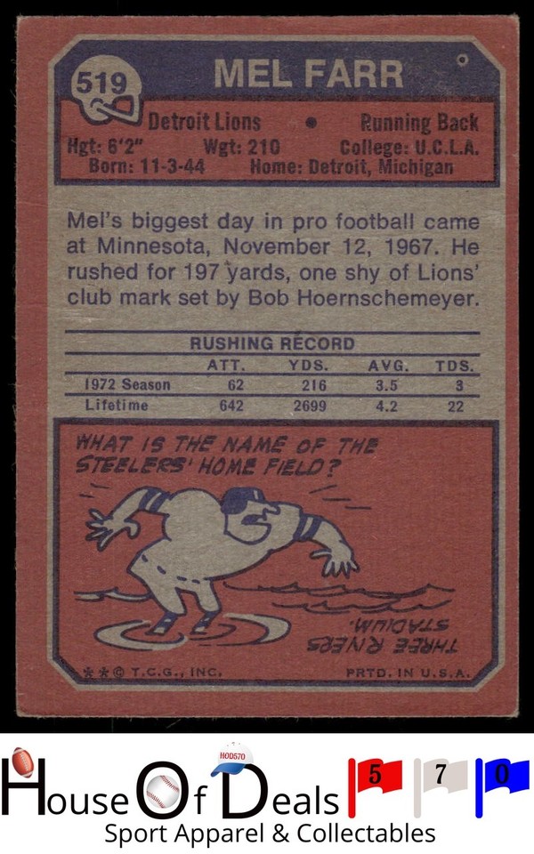1973 Topps #519 Mel Farr Detroit Lions Vintage Football Card | eBay