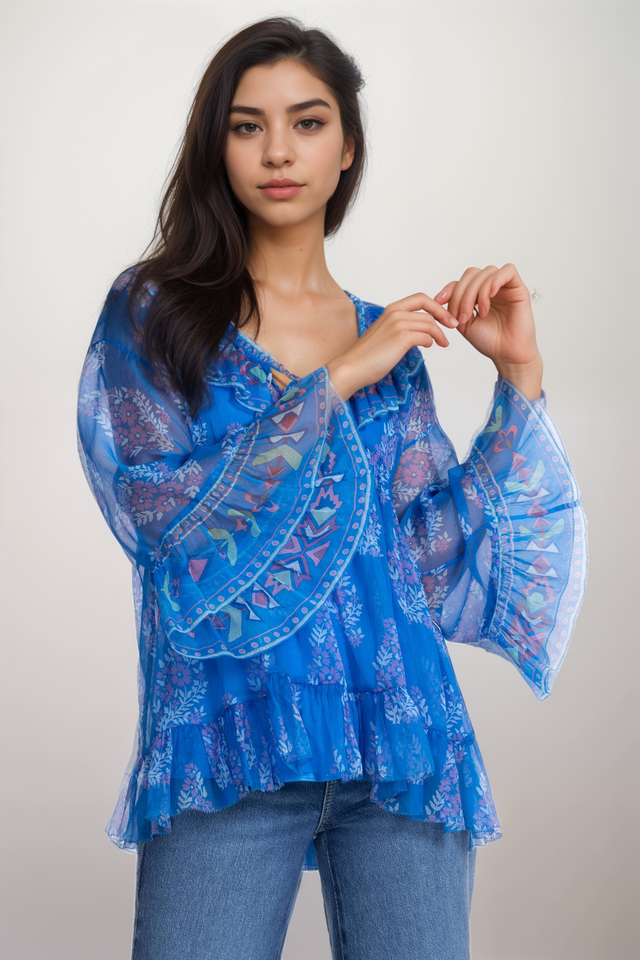 Johnny Was Jade Blue Gal Ruffle Tie Floral Silk Blouse L19925-2 | eBay