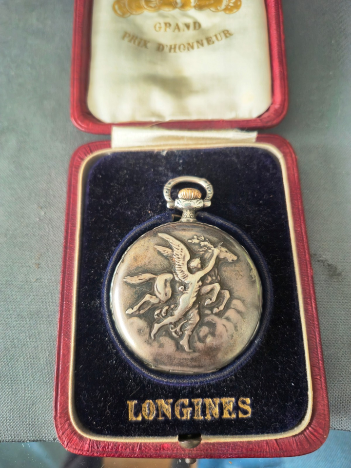 LONGINES POCKET WATCH SILVER FULL HUNTER SCENE ANGELS HORSES AND MEN ...