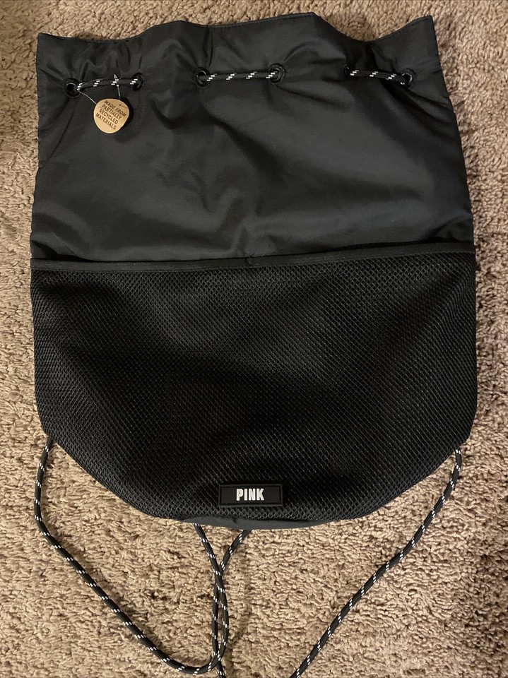 NWT-Victoria’s Secret PINK Drawstring Black Nylon & Mesh Backpack 16 x ...