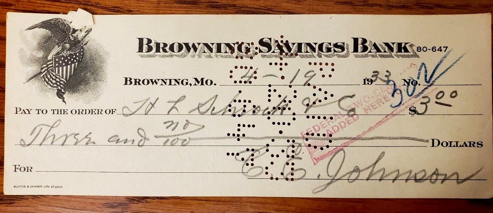1933 Apr 19 Antique Bank Check Paper Money 2c Tax Stamp To HL Schrock ...