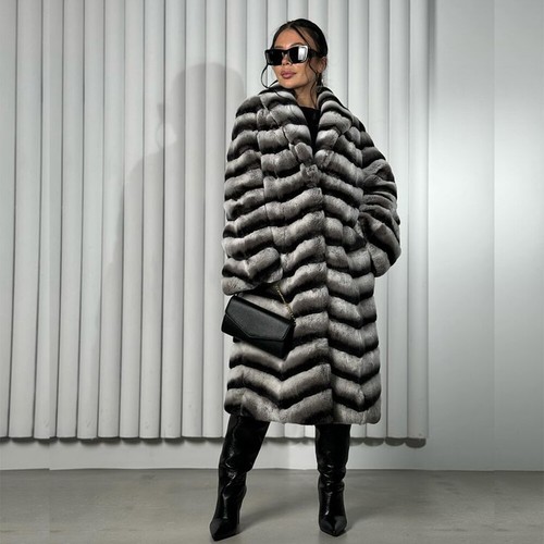 Women Real Rex Rabbit Fur Coat Natural Chinchilla Long Winter Overcoat ...