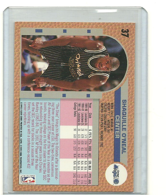 1992-1993 Fleer Drake's Card #37 Shaquille O'Neal Shaq '92-'93 NBA ...