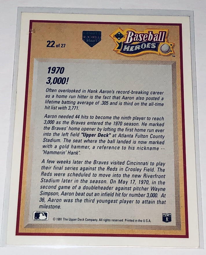 1991 Upper Deck Baseball #22 Hank Aaron Baseball Heroes Baseball Card ...