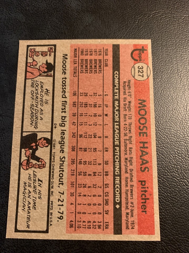 #327 moose Hass Milwaukee Brewers 1981 Topps Baseball Card Cb15 | eBay