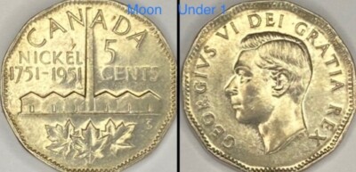 1951 CANADA 5 CENT NICKEL COIN *VERY RARE HALF MOON VARIETY!* BEAUTIFUL ...