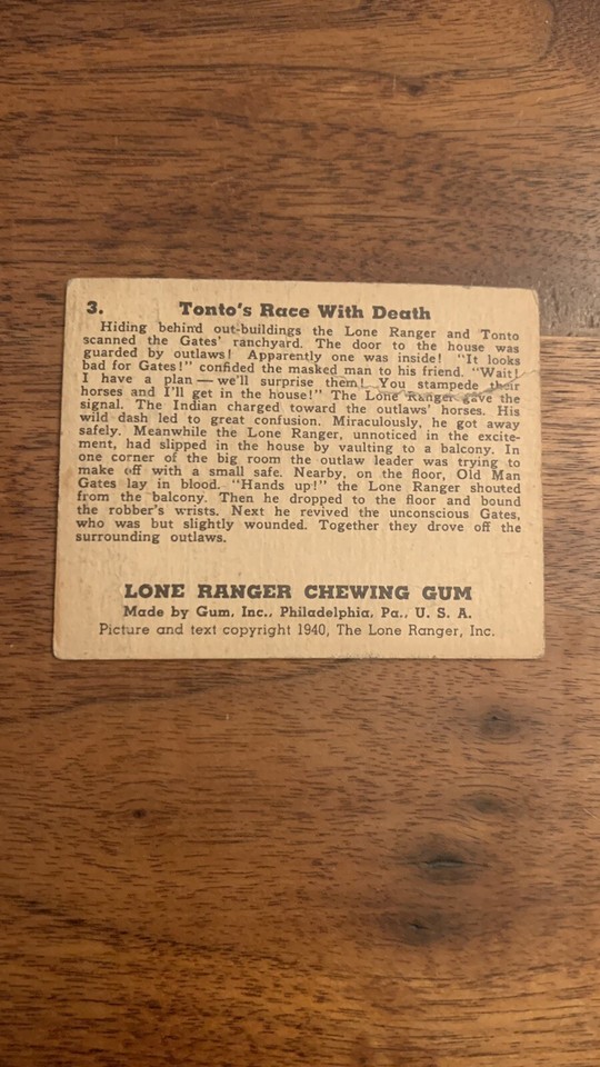 1940 Philadelphia Lone Ranger #3 Tonto's Race with Death Trading Card ...