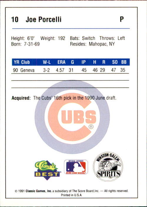 1991 Winston-Salem Spirits Classic/Best 10 Joe Porcelli Mahopac New ...