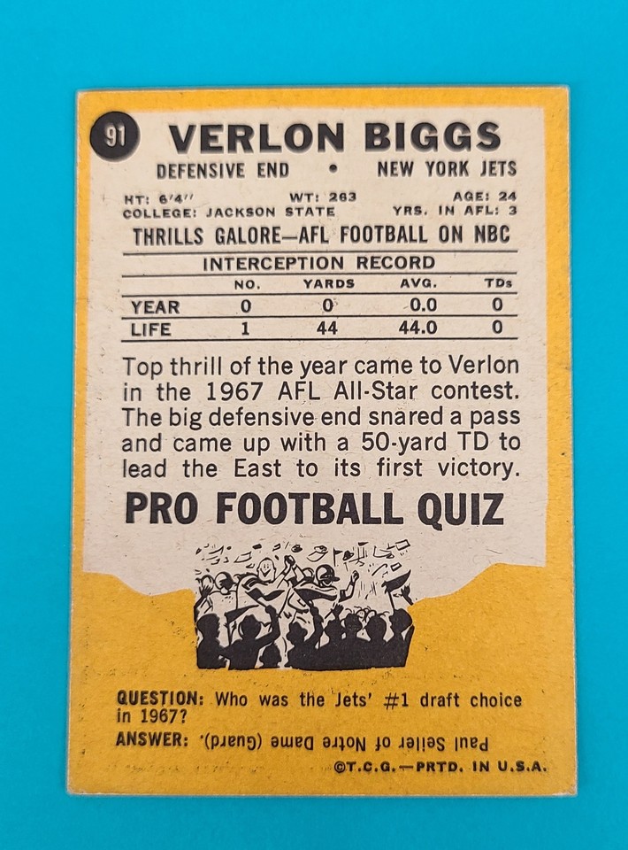 1967 Topps #91 Verlon Biggs New York Jets FOOTBALL Card N9 | eBay