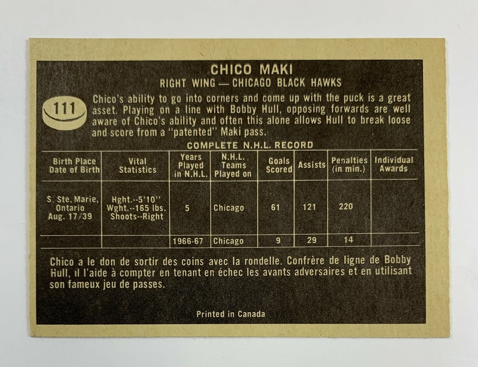 1967 Topps Hockey #111 Chico Maki Chicago Black Hawks (FC1) | eBay