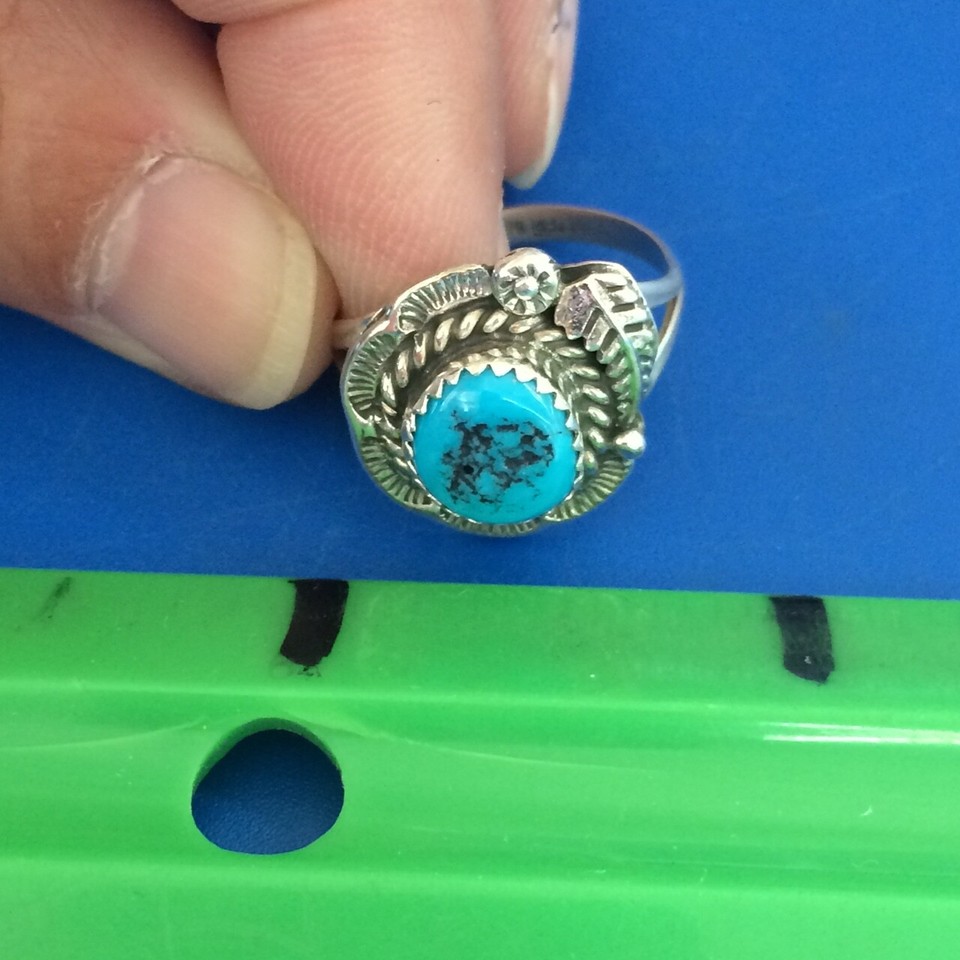 Native Ring Sterling Silver Blue Turquoise Feathers Indian FREE ...