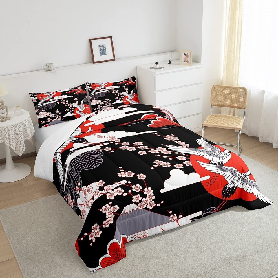 Japanese-Style Comforter Set Queen Size Crane Printed Cherry Blossoms ...