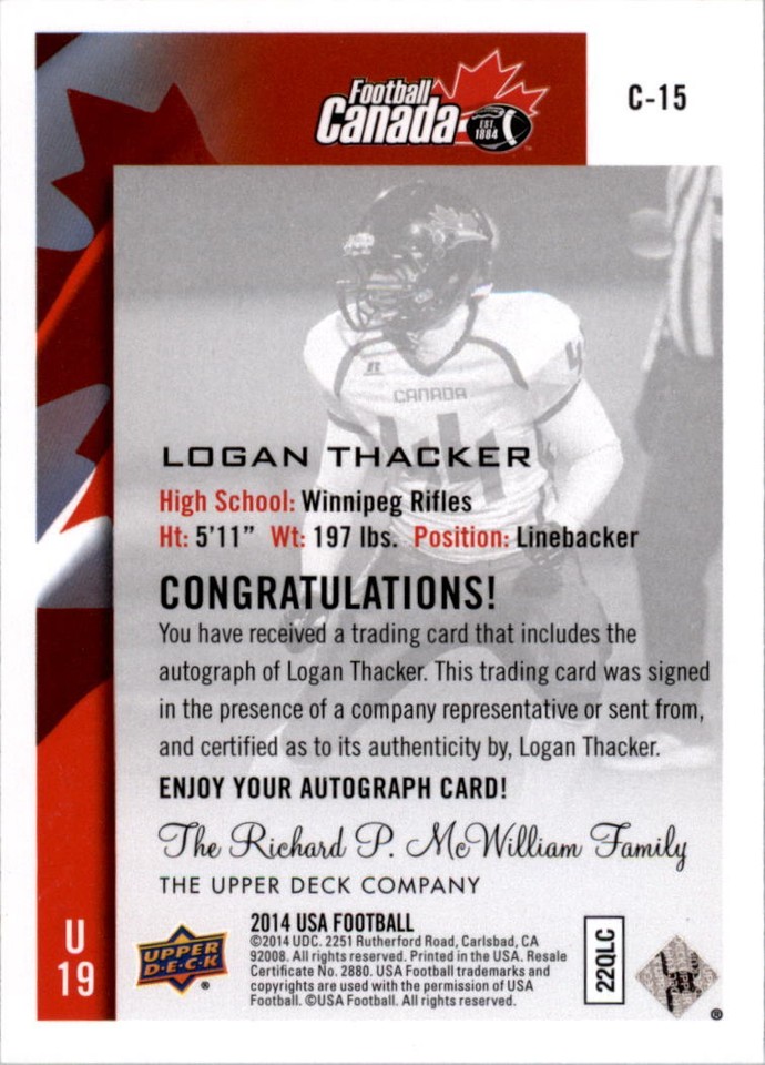 2014 Upper Deck USA Football Team Canada Autographs #C15 Logan Thacker ...