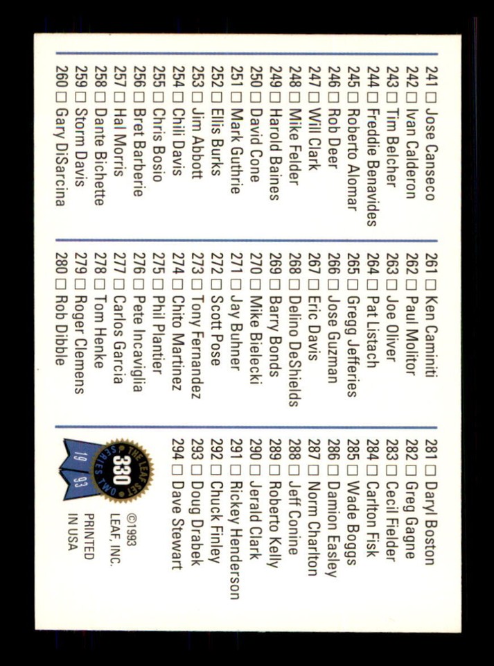 1993 Baseball 1993 Leaf Checklist: 221-294 MLB #330 1 | eBay