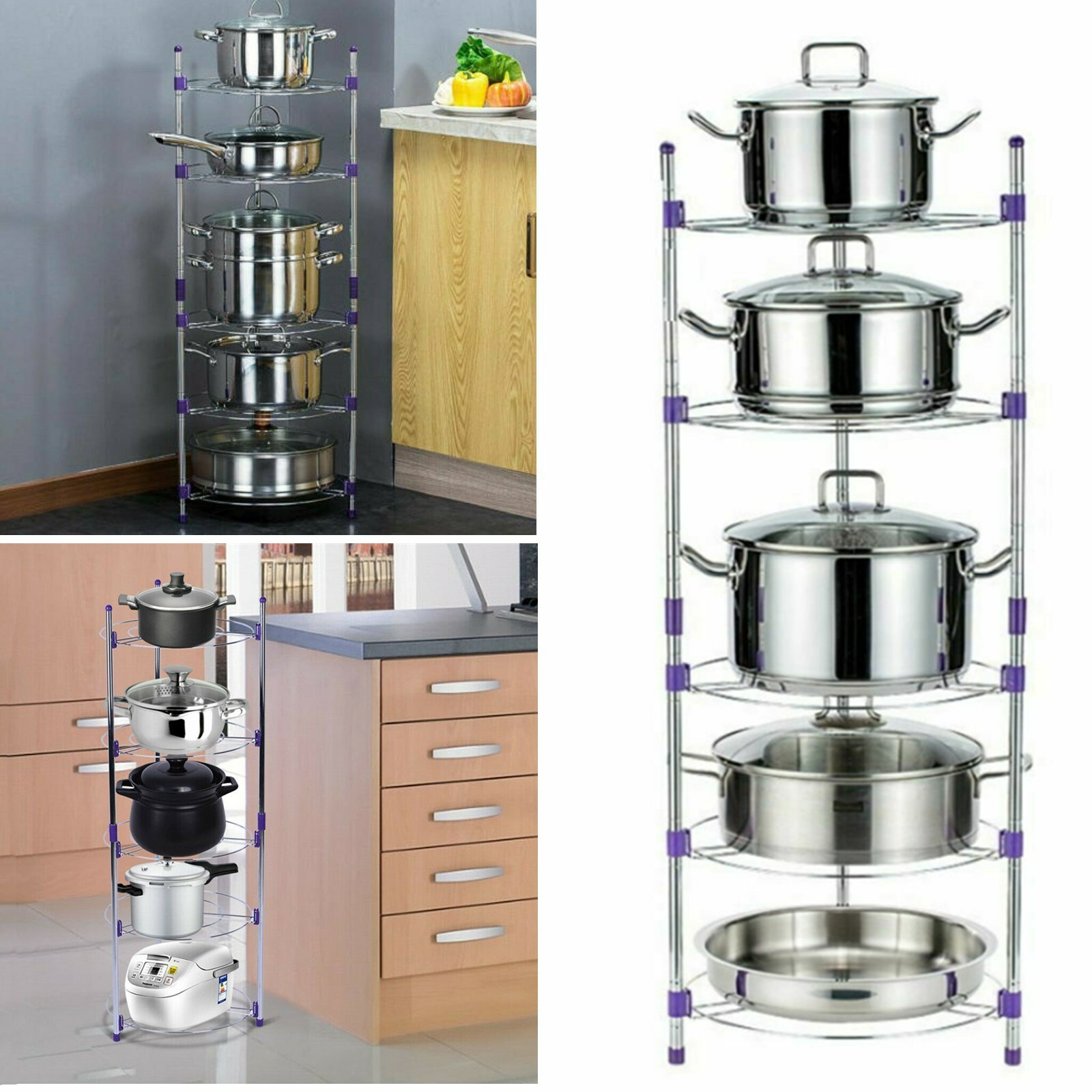 5 Tier Kitchen Pan Stand Pot Saucepan Storage Organise Unit Rack Holder ...