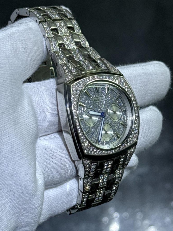 BULOVA Men's Iced Out Crystal Collection Phantom Silver Dial 40mm Watch ...
