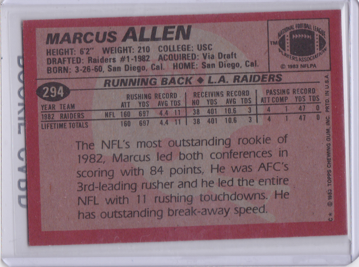 MARCUS ALLEN ROOKIE CARD 1983 Topps VINTAGE FOOTBALL RC Oakland Raiders ...