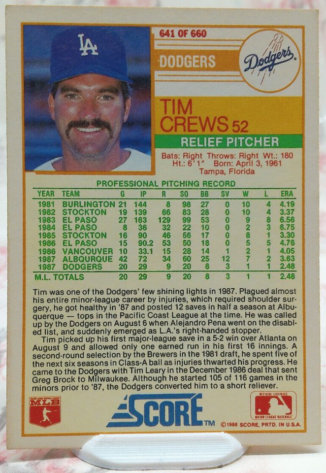 1988 Score Rookie Prospect Baseball Los Angeles Dodgers Tim Crews #641 ...