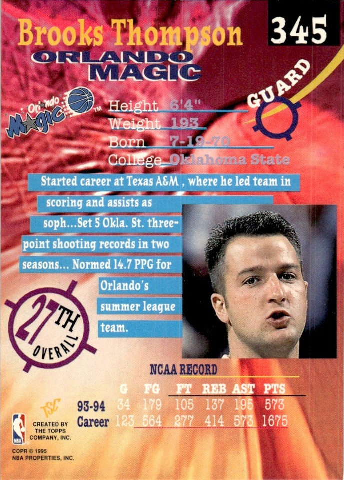 1994-95 Stadium Club Basketball Card Brooks Thompson Orlando Magic #345 ...