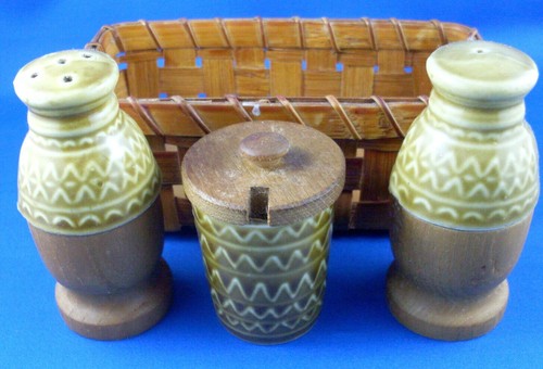 Rare Retro JAPANESE Porcelain & Wood CONDIMENTS SET in BASKET VG - In ...
