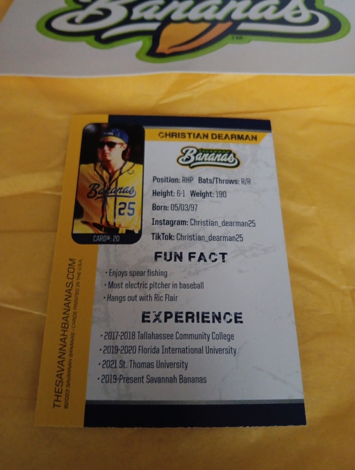 Christian Dearman #20 2023 CHOICE BASEBALL CARD SAVANNAH BANANAS FREE ...