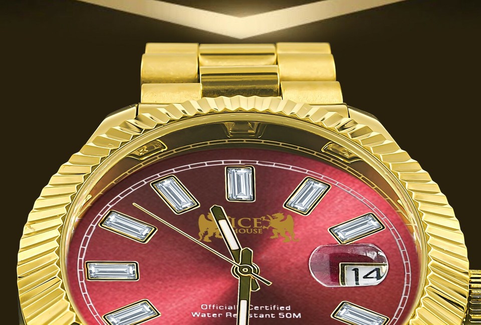 18K Mens Solid Steel Yellow Gold Tone Red Face Diamond Cut Roman Dial ...