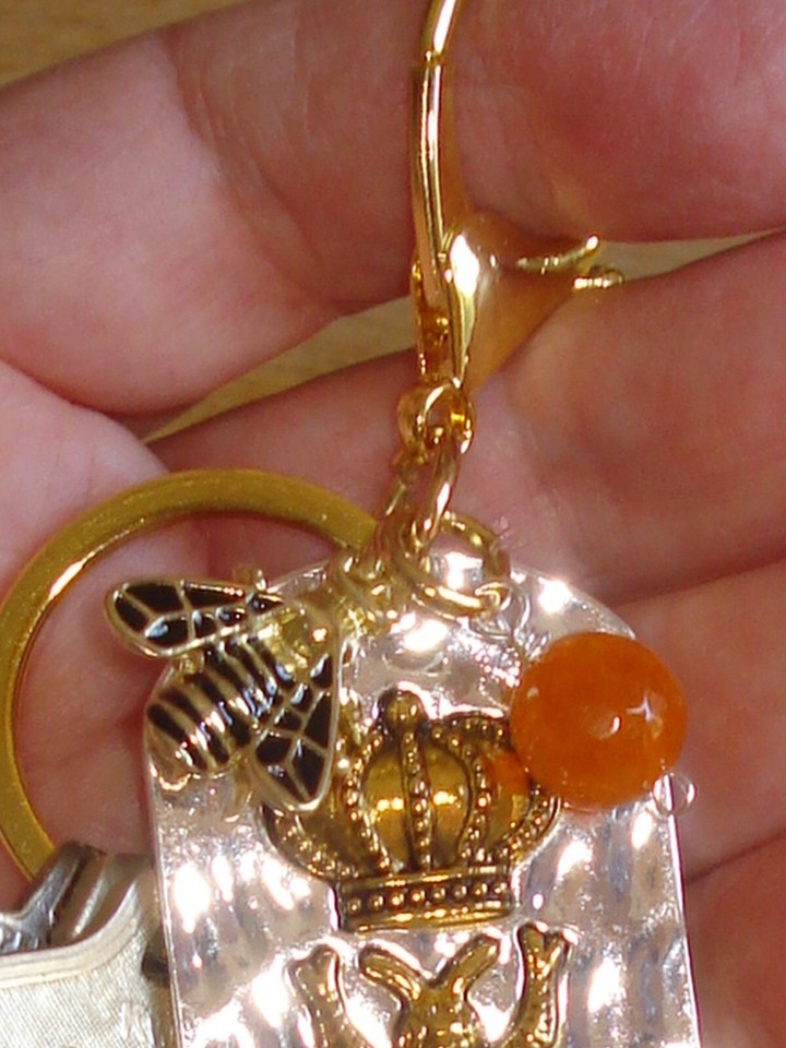 3 3/4" Long Dangle Queen Bee, Fire Agate & Bee Gold & Silver Key Ring ...