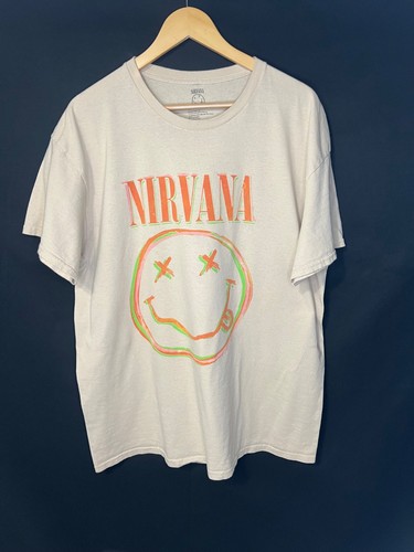 Nirvana Concert Beige T-shirt Smiley Face Grunge Rock - Size XL | eBay