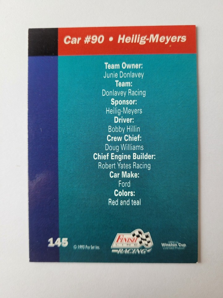 1993 Finish Line Racing #145 Bobby Hillin | eBay