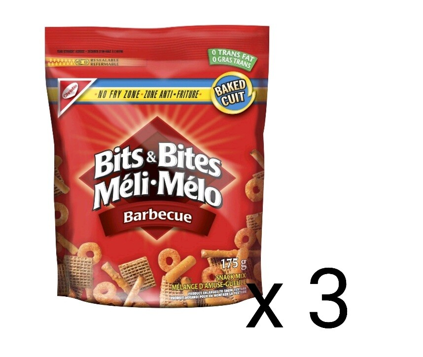 3 Bags of Canadian BITS & BITES BARBECUE Snack Mix 175g / 6.17 oz each ...