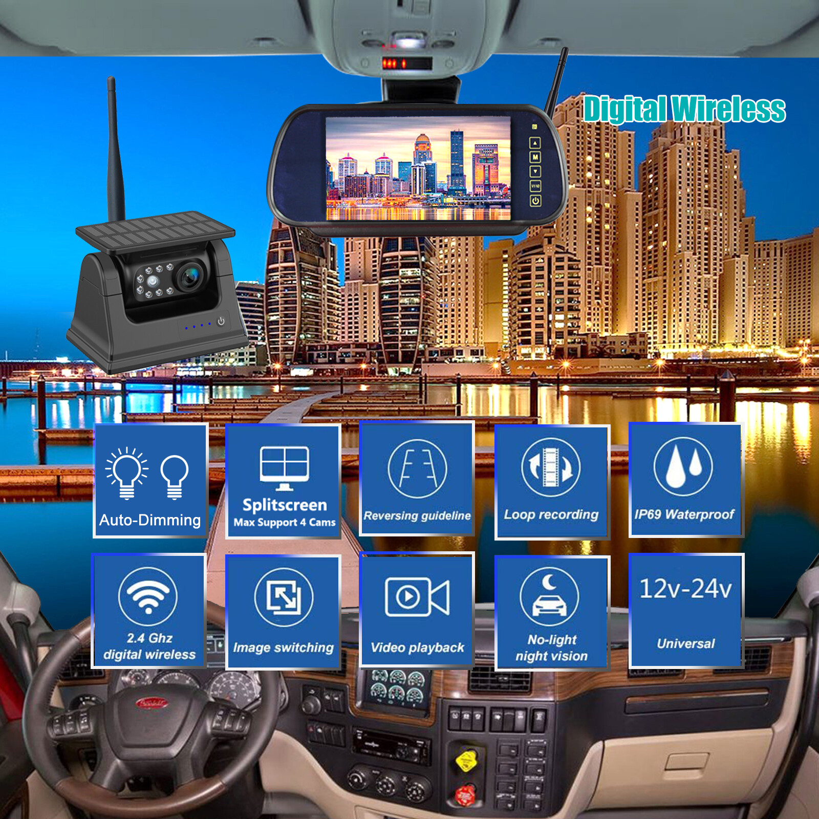 7" Wireless Mirror Monitor DVR Solar Magnetic Backup Camera 9600mah For ...