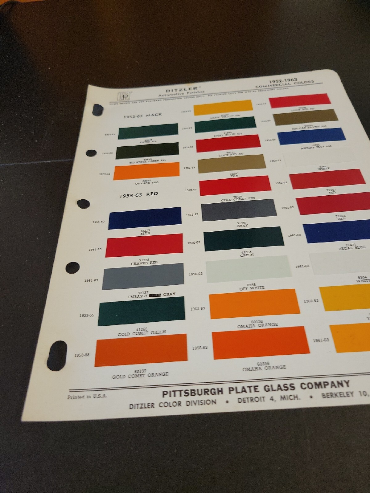 1952-1963 DITZLER PPG COMMERCIAL COLORS MACK REO PAINT CHIP SWATCH ...