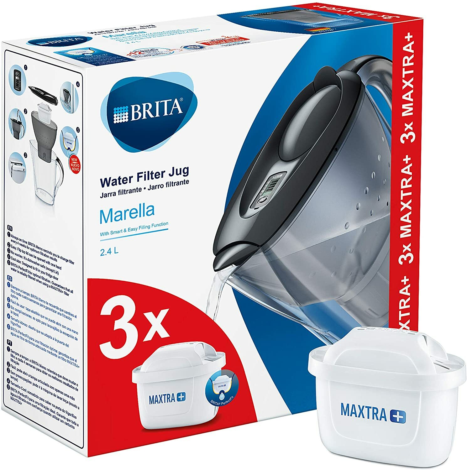 BRITA Marella MAXTRA+ 2.4L Water Filter Jug + 3 Month Cartridges Pack ...