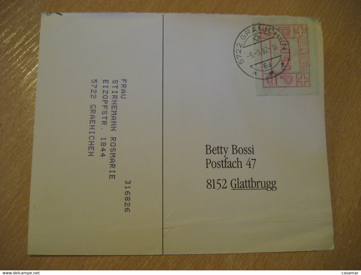 Granichen 1982 To Glattbrugg ATM Frama Label Vending Machine Cancel ...