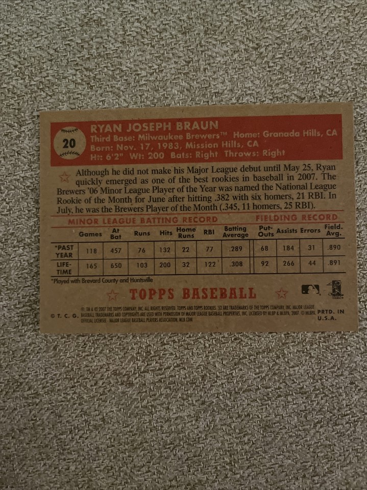 2007 Topps 1952 Edition #20 Ryan Braun RC Rookie Milwaukee Brewers | eBay