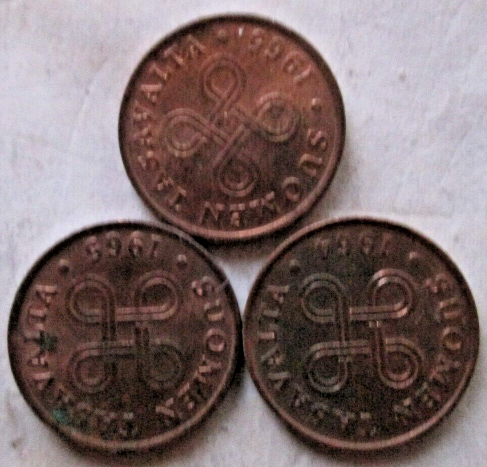 1964 & (2) 1965 FINLAND SUOMEN TASAVALTA PENNI, COPPER, XF, BN & RB ...