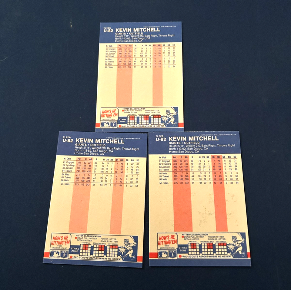 1987 Fleer Update Baseball Kevin Mitchell RC 3 Card Lot #U-82 Set Break ...