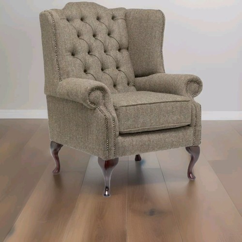 Chesterfield High Back Wing Chair In Harris Tweed Forest Green | eBay UK