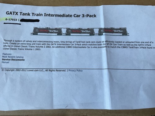 LIONEL O # 6- 17933 GATX TANK TRAIN SET (3 Cars) (3 rail) MIB | eBay