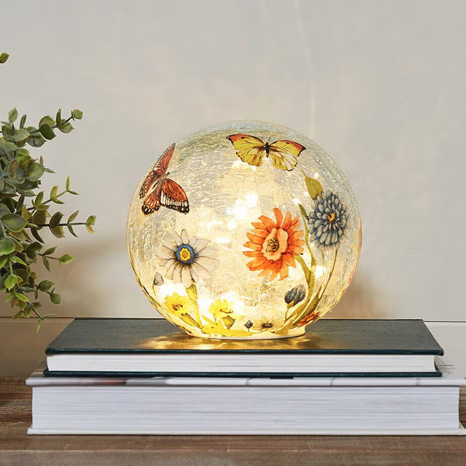 LED Lighted Butterfly Floral Crackle Glass Globe Ball Lamp Tabletop ...