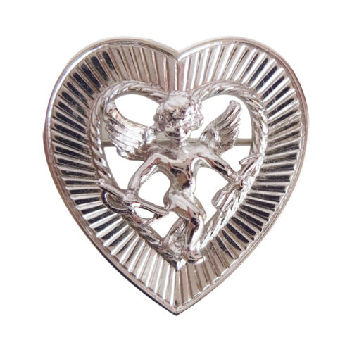 Vintage Monet Silver Heart Pin / Brooch with Cupid and Bow and Arrows ...