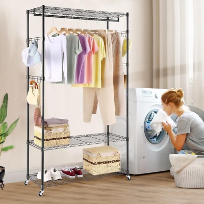 3-Tier Garment Rack Heavy Duty Clothing Wire Shelving Rolling Free ...