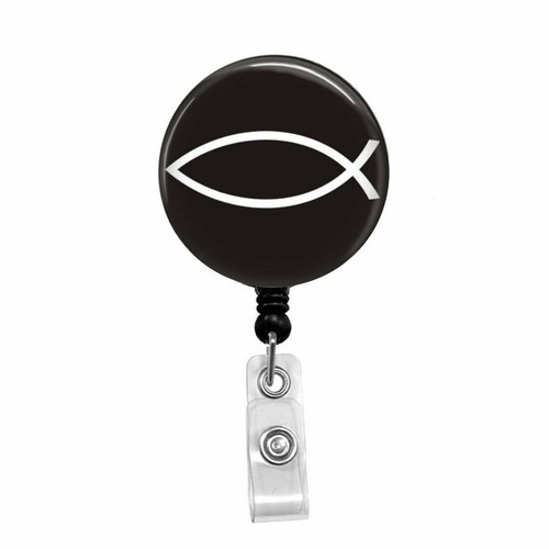 White Jesus Fish with Black Background - Retractable Badge Holder ...