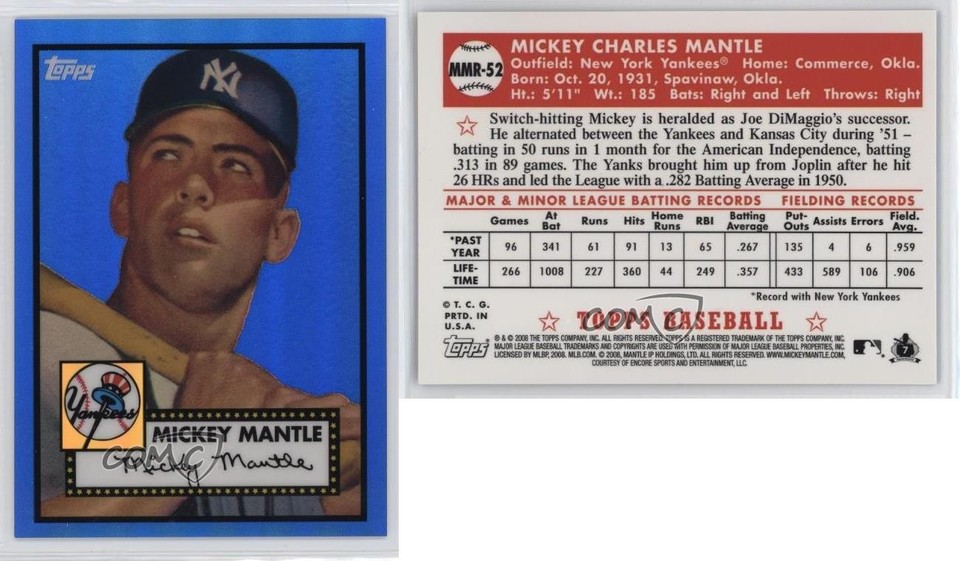 2008 Topps Mantle Chrome Blue Refractor Mickey Mantle #MMR-52 HOF | eBay