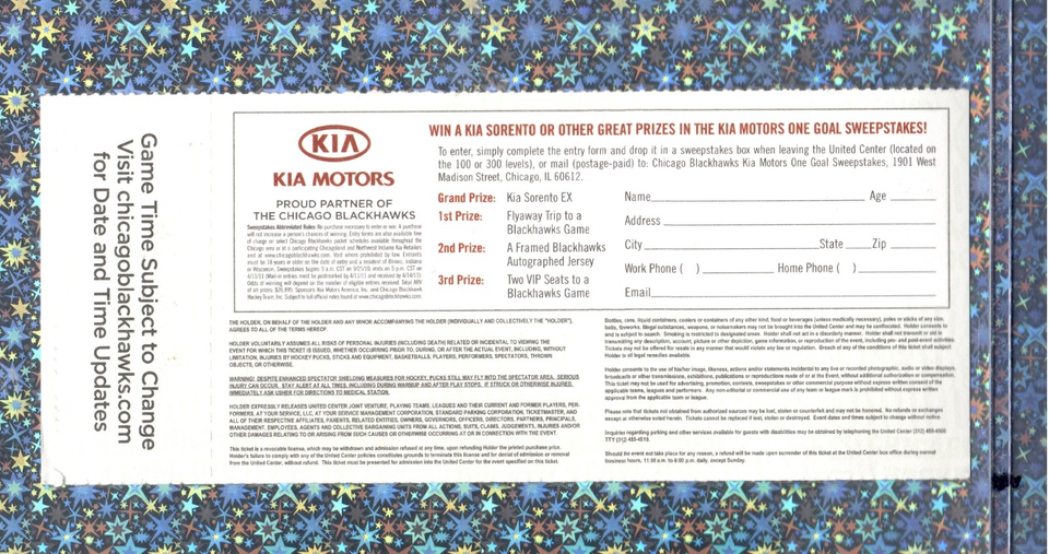 Jonathan Toews G#109 Ticket 3-4-2011 Canes Hawks Patrick Kane G#97 ...