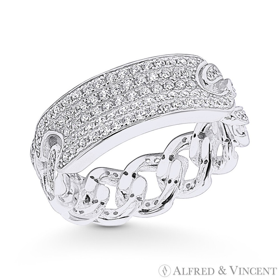 CZ Crystal Micro-Pave Bar & Cuban / Curb Link Chain Ring in .925 ...